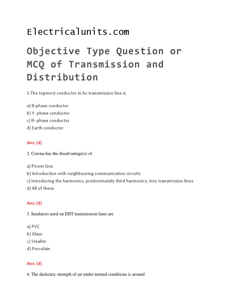 Objective Type Question or MCQ of Transmission and Distribution | PDF ...
