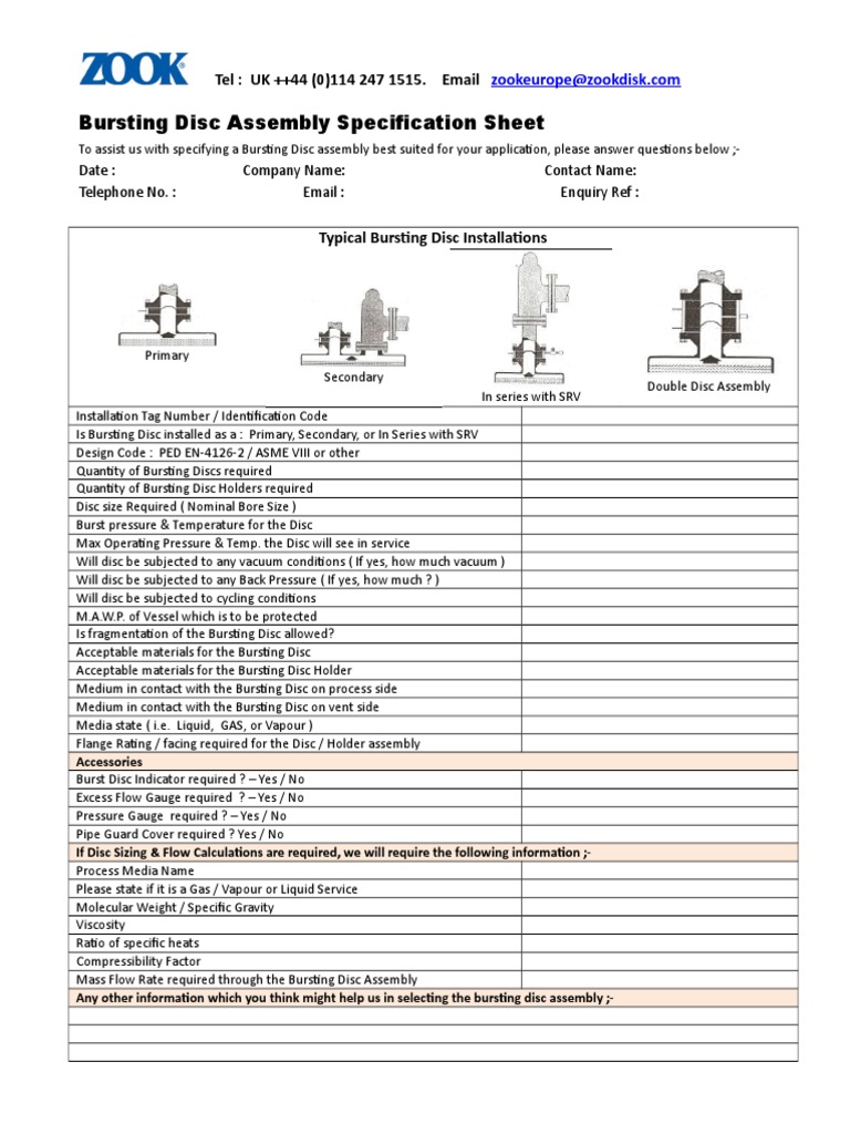 ZOOK Bursting Disc Enquiry Sheet | PDF