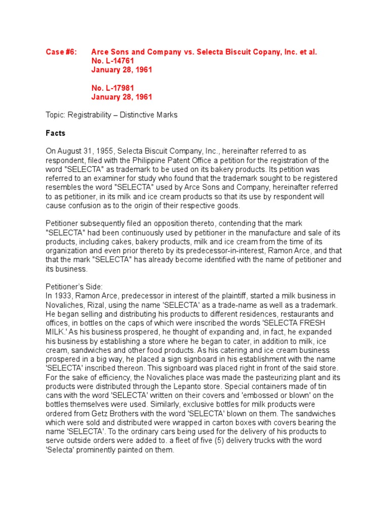 6.11 - Arce Sons & Co. vs. Selecta Biscuits | PDF | Trademark ...