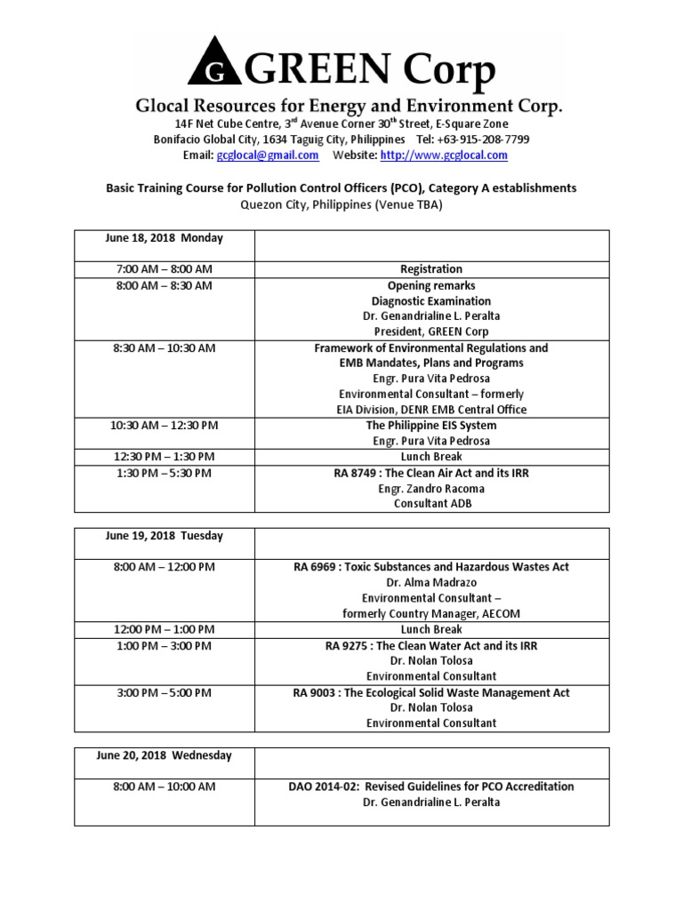PCO Training Category A - Training Schedule - 2018.06 - GREEN Corp ...