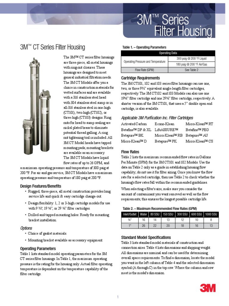 3M™ CT Series Filter Housings, Specification Sheet - Data Sheet | PDF ...