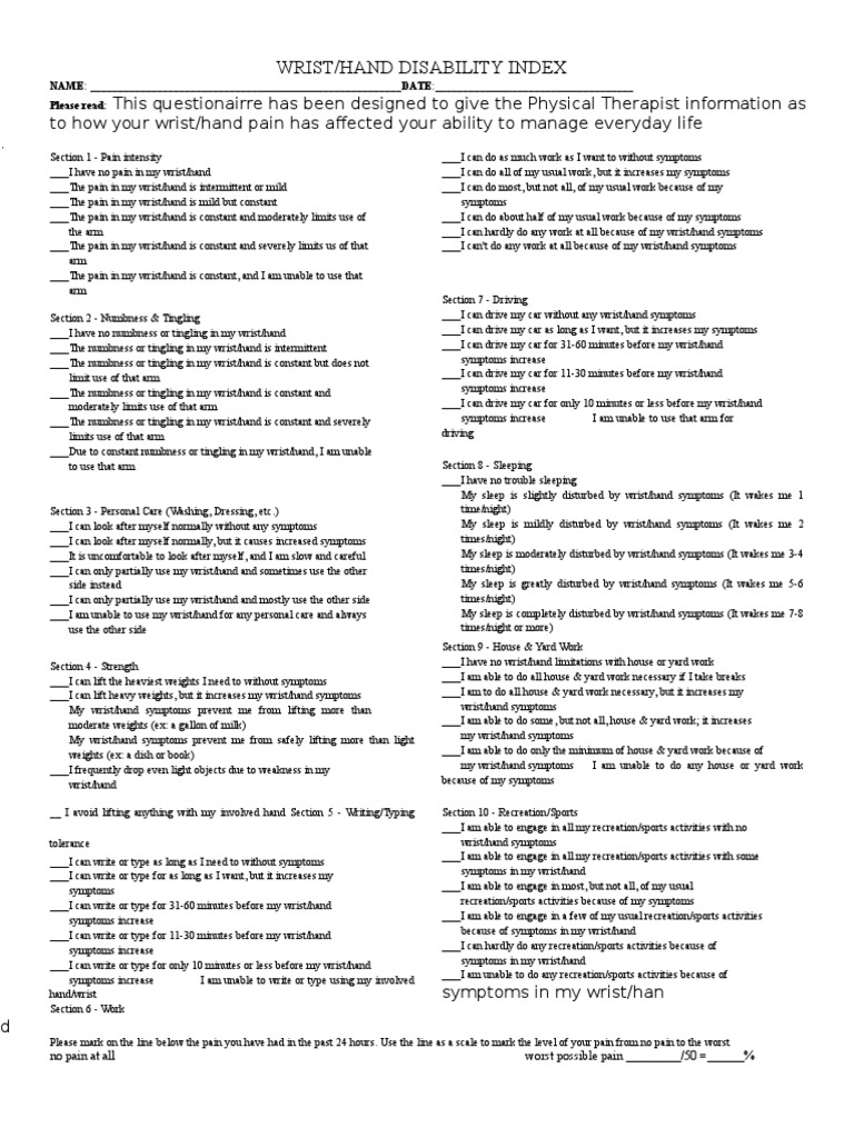 Wrist/Hand Disability Assessment Tool | PDF | Paresthesia | Symptom