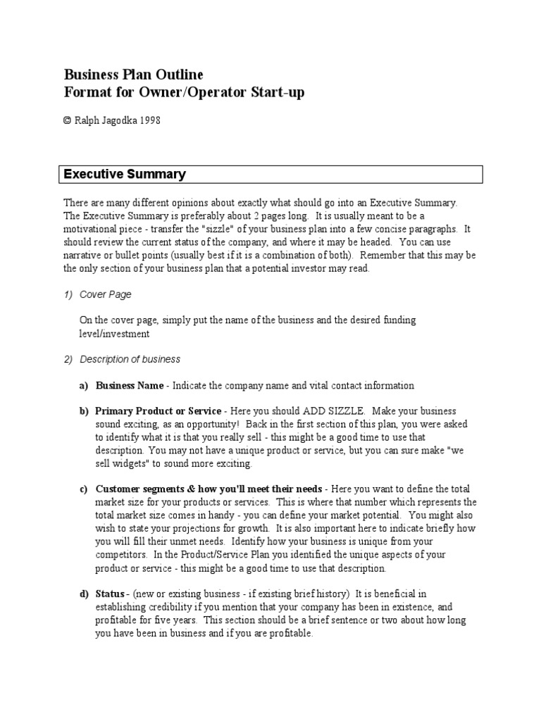 Business Plan Outline Format For Owner/Operator Start-Up: Executive ...
