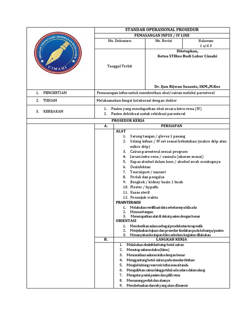 Standar Operasional Prosedur Pemasangan Infus | PDF