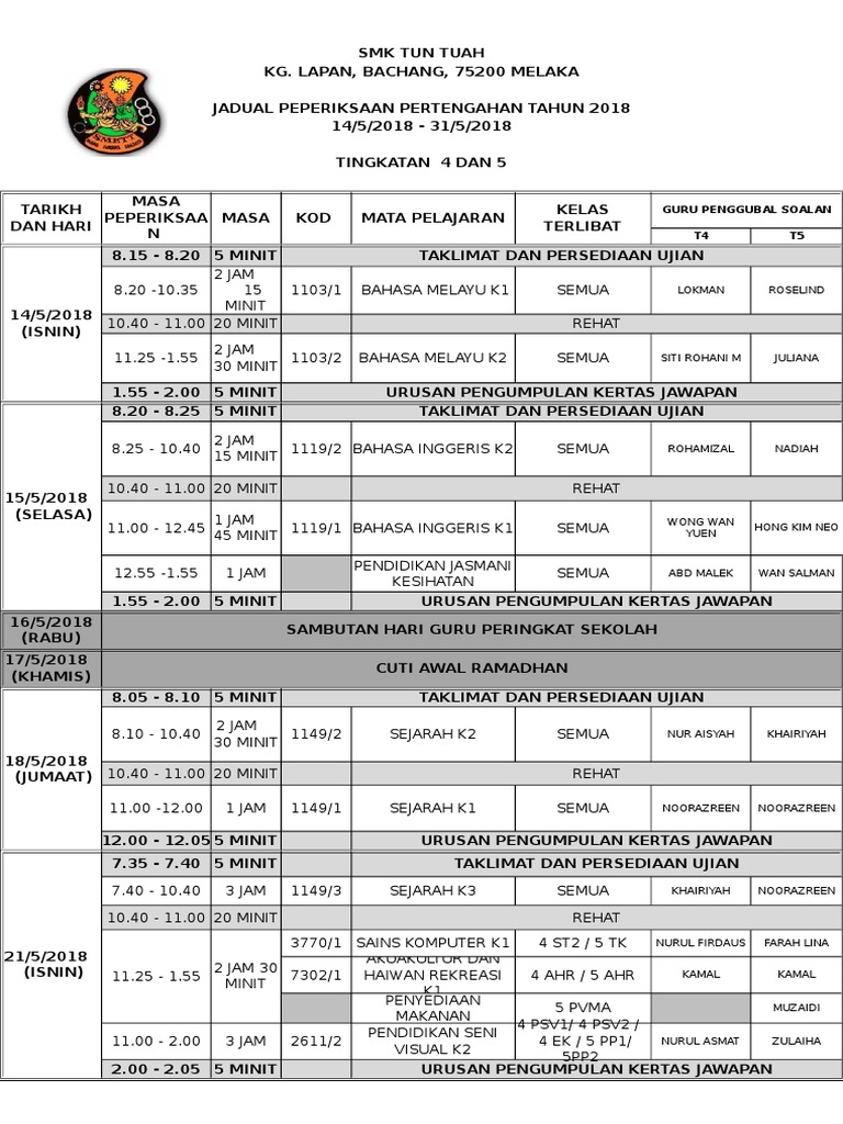 Jadual PPT Ting 4 Dan 5 2018 Vol 2 | PDF