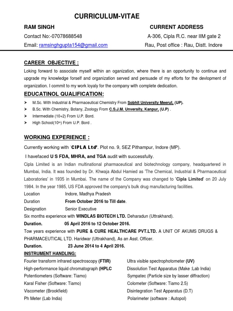 Curriculum-Vitae: Ram Singh Current Address | PDF | Chemistry ...
