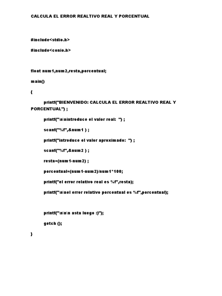 Calculo de Error Relativo Real y Porcentual en C++ | PDF | Informática
