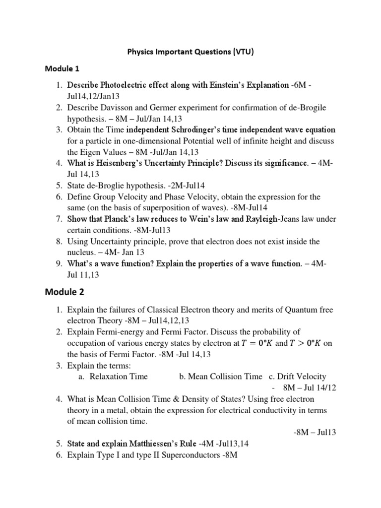 Physics VTU Important Questions (Module Wise) | PDF | Uncertainty ...