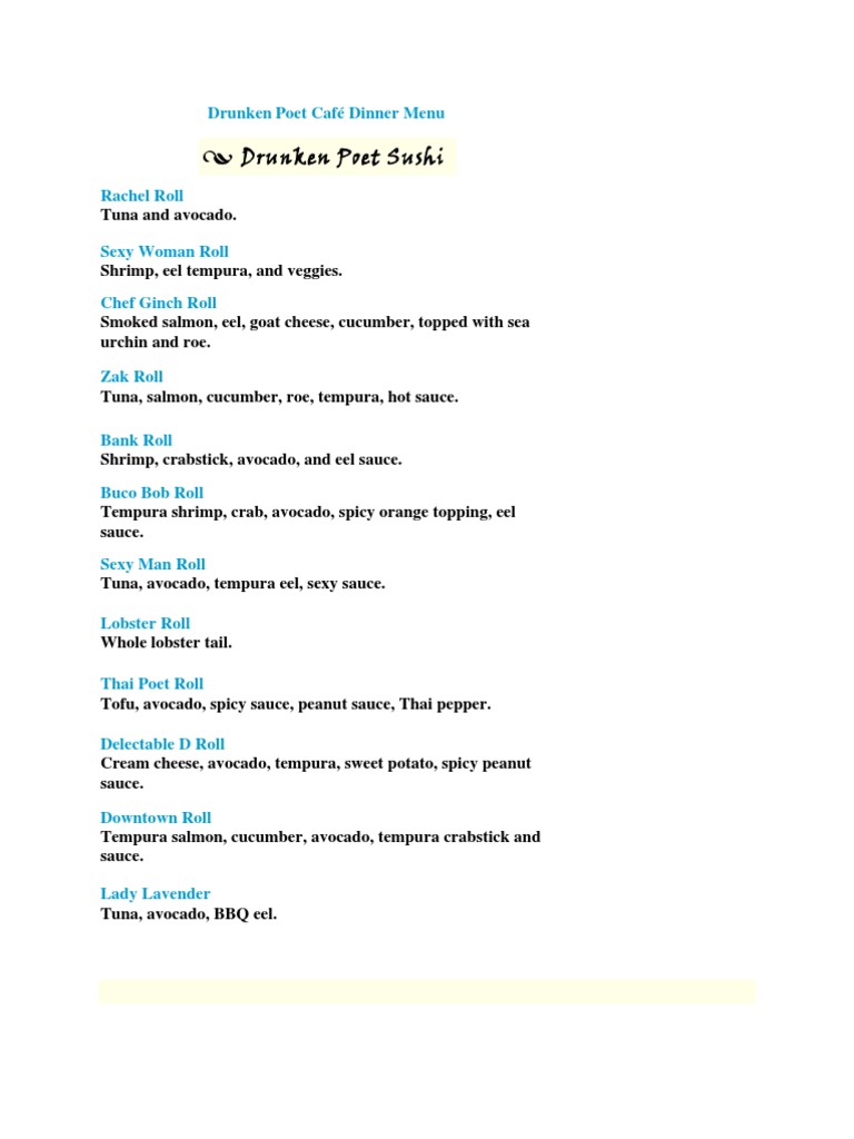 Drunken Poet Cafe Dinner Menu | PDF | Thai Cuisine | Curry