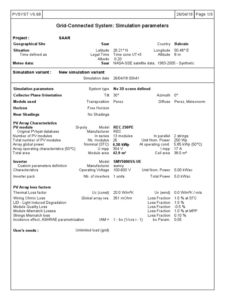 Grid-Connected System: Simulation Parameters: Page 1/3 26/04/18 PVSYST V6.68 | PDF | Energy ...