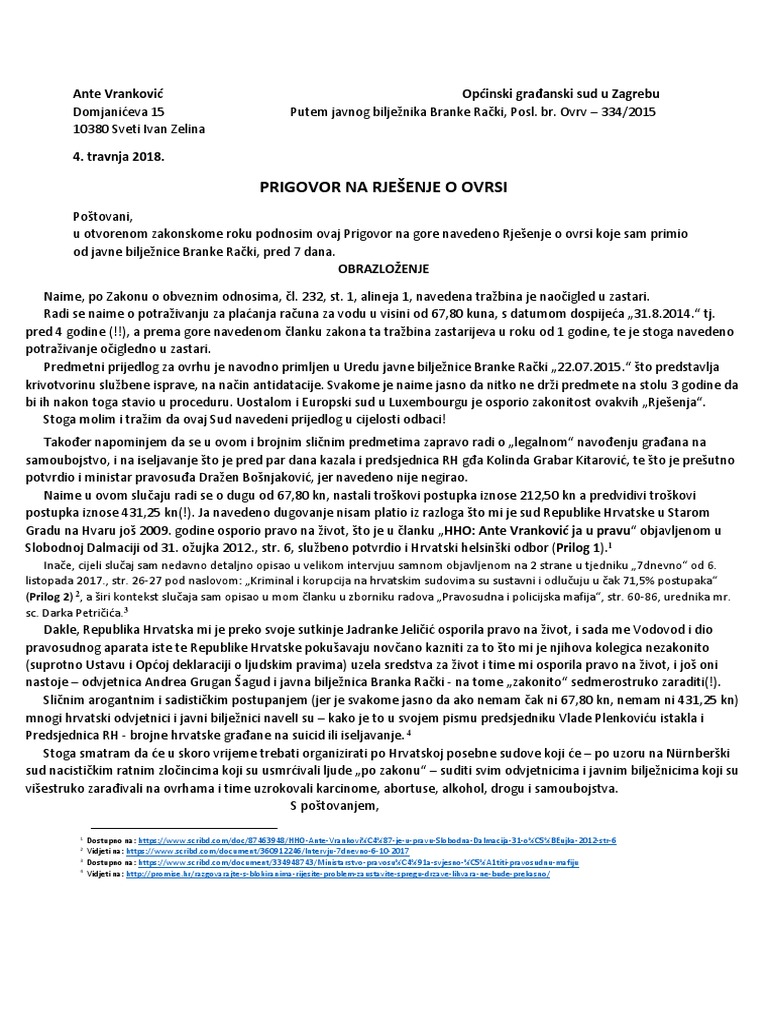 Prigovor Na Rješenje o Ovrsi 4 4 18 | PDF