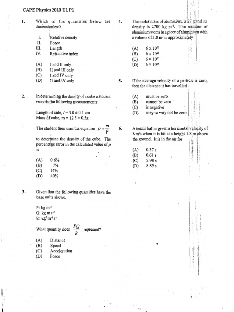Cape Physics 2010 U1 p1 | PDF | Momentum | Physical Chemistry