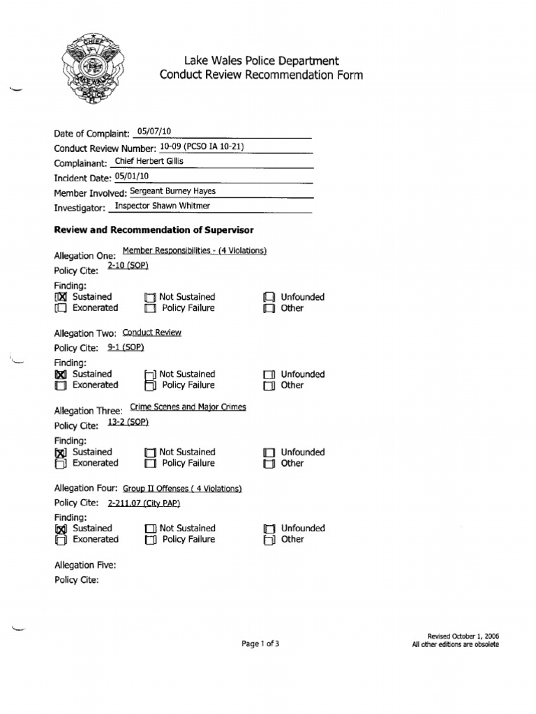 Internal Investigation of Sgt. Burney Hayes | PDF
