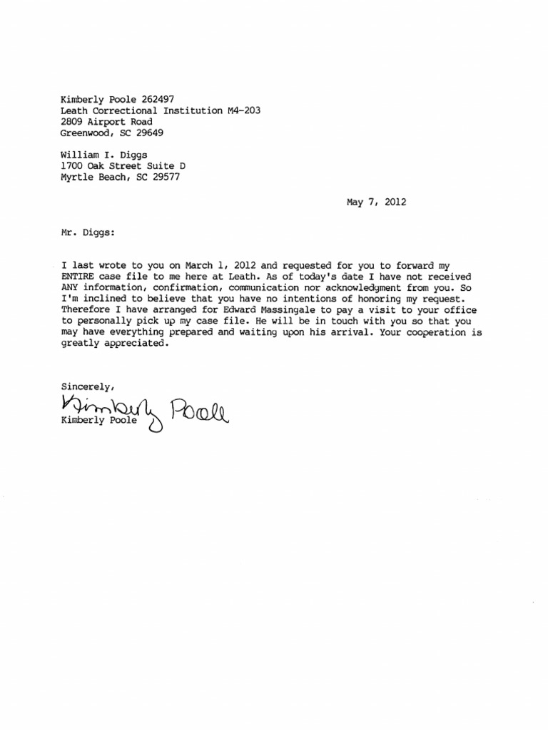 Kimberly Renee Poole Letter To William Diggs | PDF