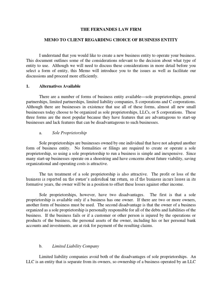 Memo to Client Regarding Choice of Business Entity | Limited Liability ...