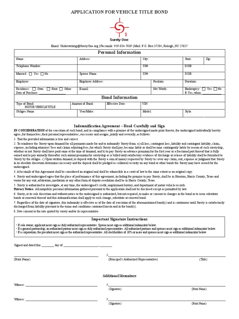 Title Bond Application | PDF | Surety Bond | Indemnity