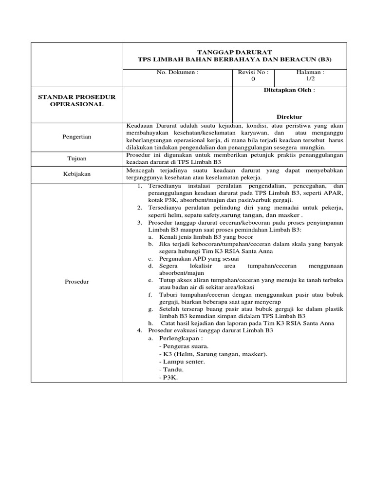 Sop Tanggap Darurat Tps Limbah B3 Pdf - Riset