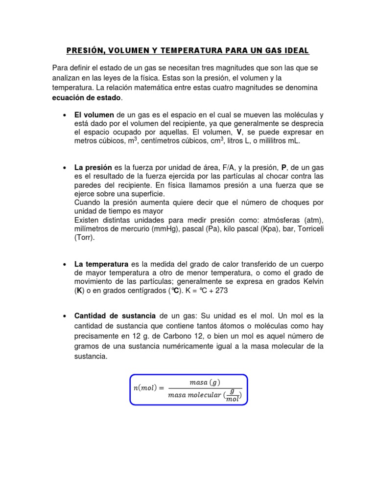Presión, Volumen y Temperatura para Un Gas Ideal | PDF | Gases | Mole (Unidad)