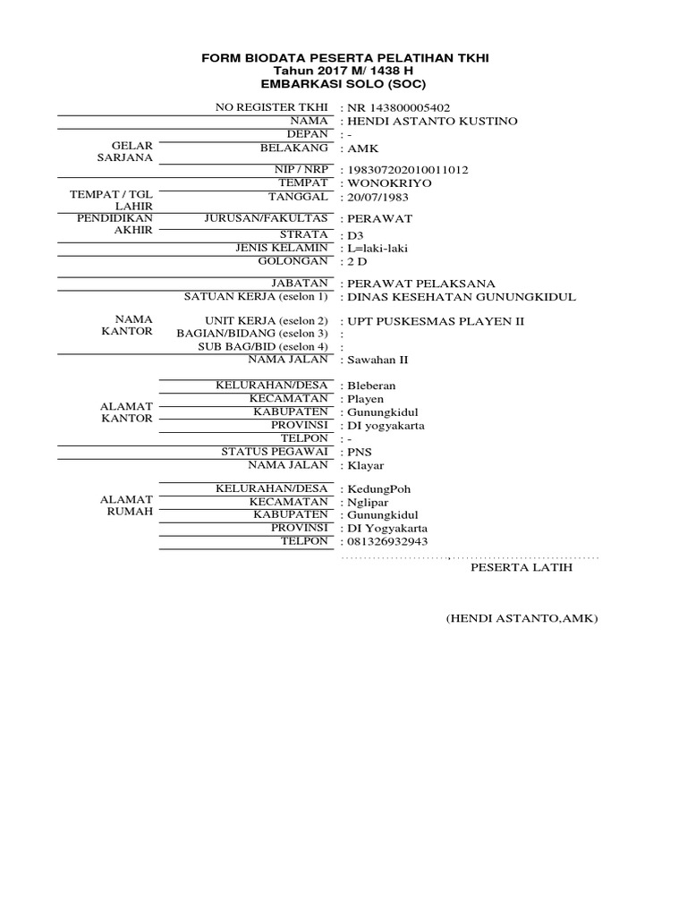 Form Biodata Peserta Pelatihan Tkhi | PDF