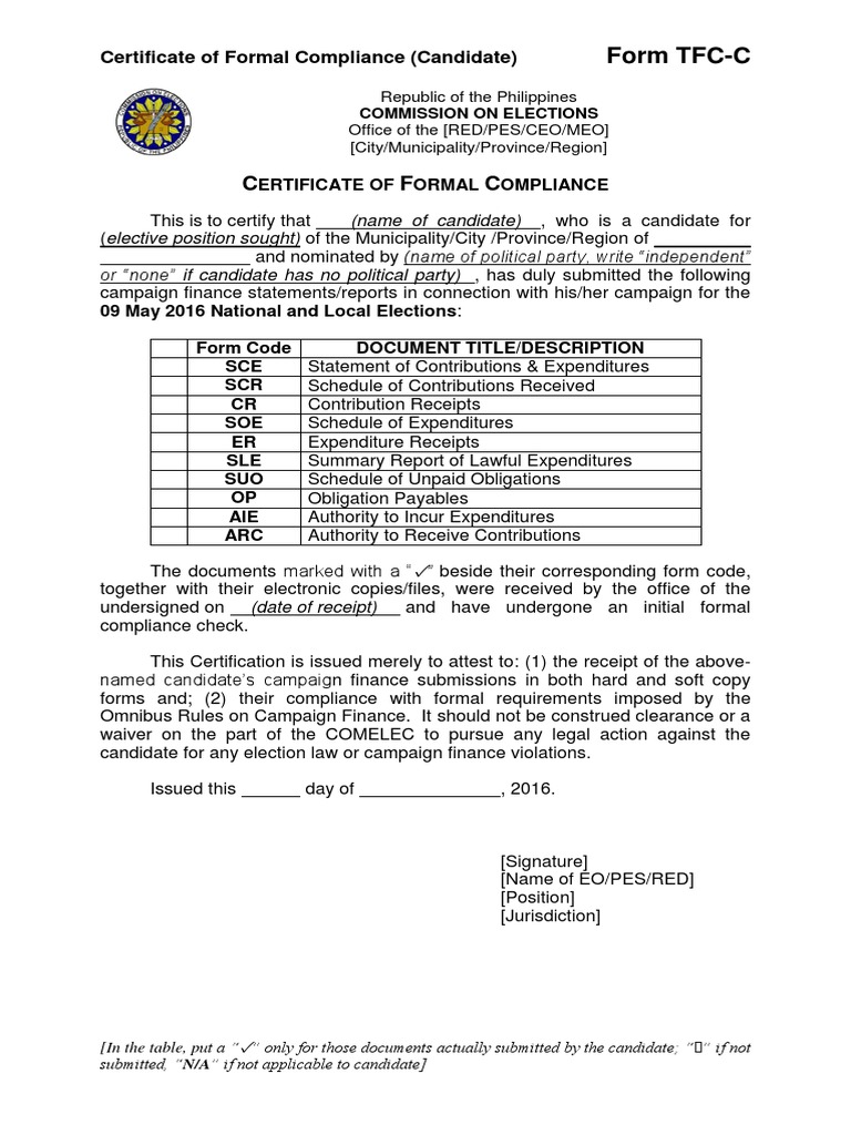 Form TFC-C: Certificate of Formal Compliance (Candidate) | PDF | Virtue ...