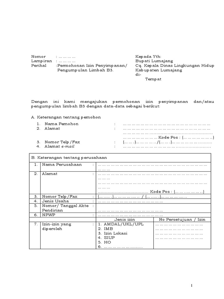 Contoh Permohonan Izin Tps b3