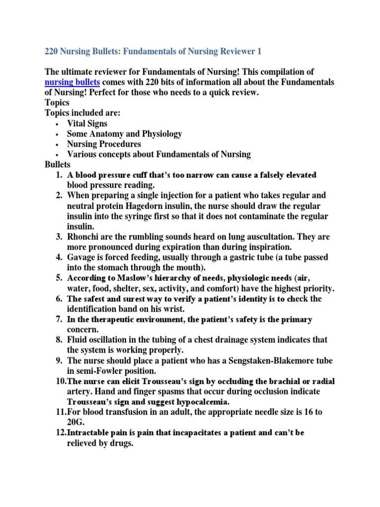 220 Nursing Bullets | PDF | Medical Diagnosis | Intravenous Therapy