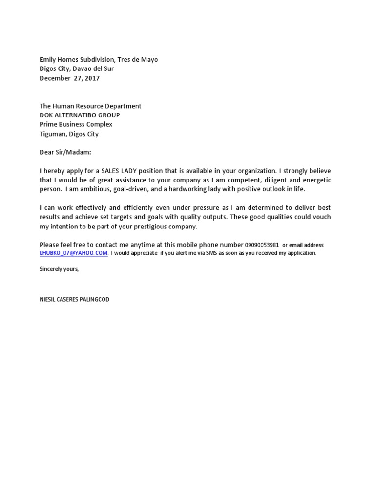 Sales Lady Job Application Letter | PDF | Mobile Technology ...