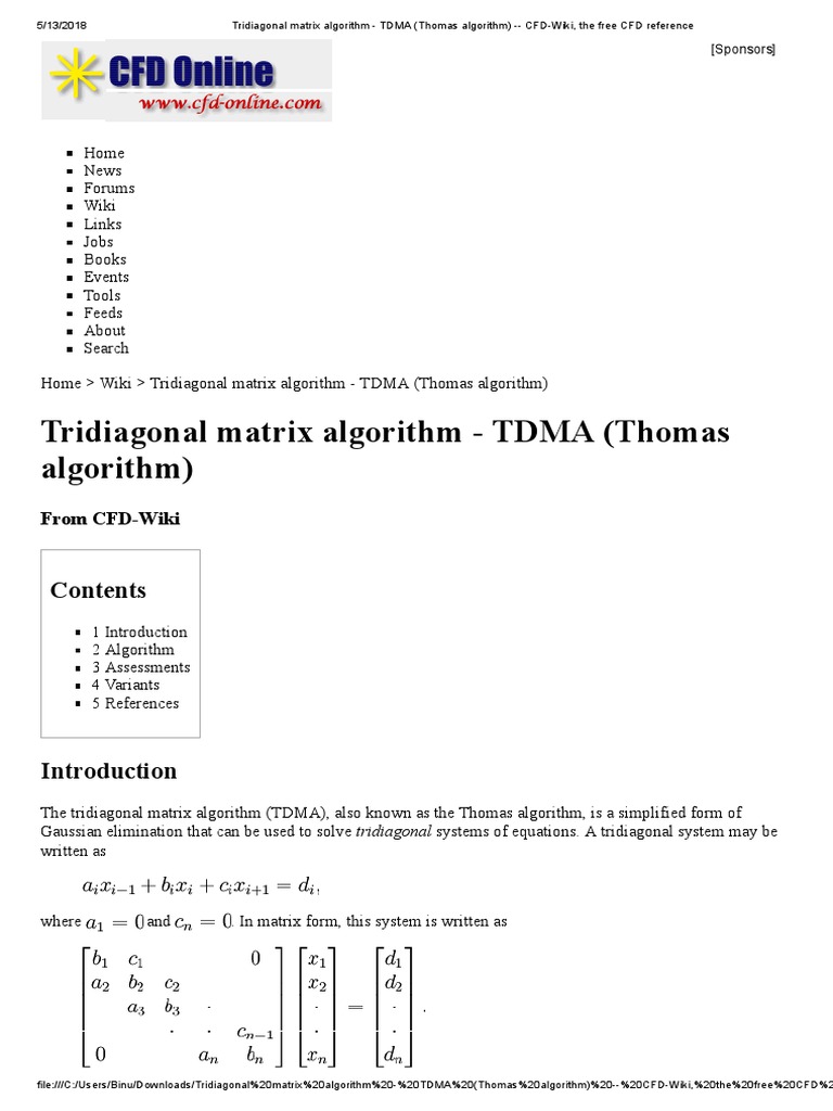 Tridiagonal Matrix Algorithm - TDMA (Thomas Algorithm) - CFD-Wiki, The ... Tridiagonal Matrix Algorithm - TDMA (Thomas Algorithm) - CFD-Wiki, The ...