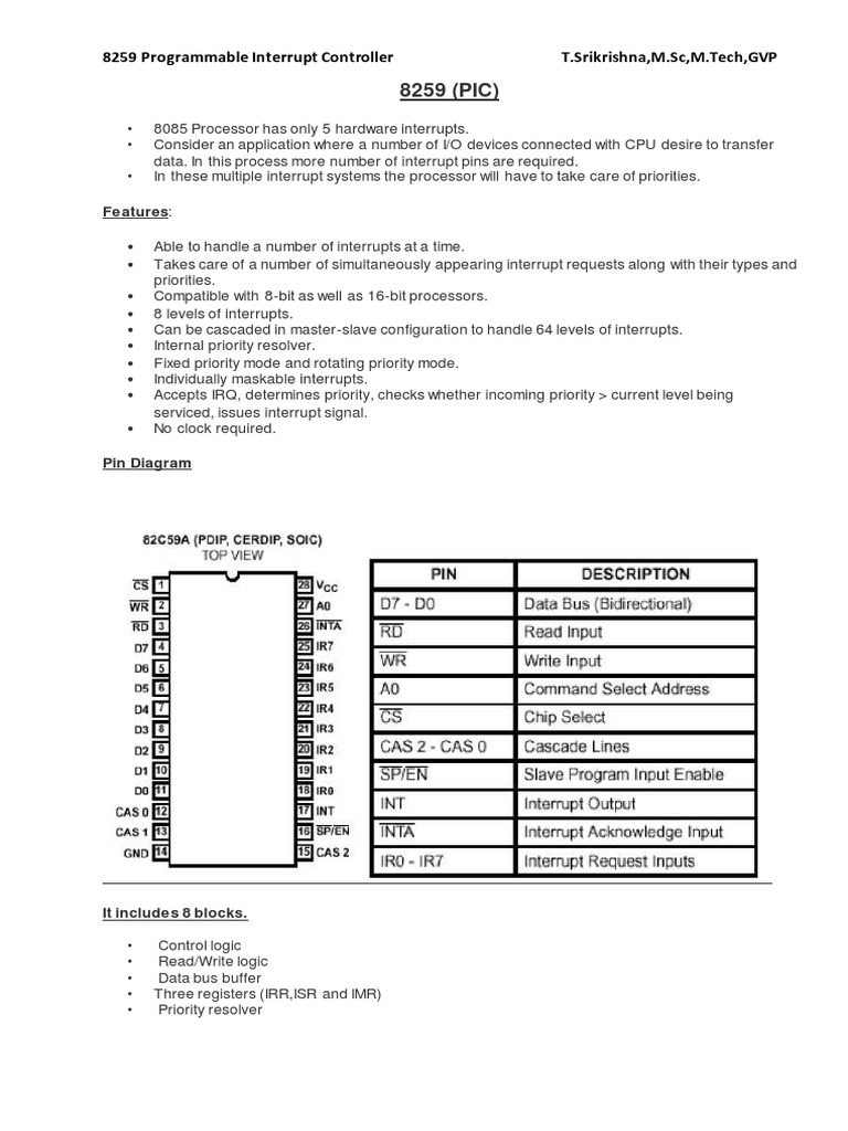 8259 Programmable Interrupt Controller T.Srikrishna, M.SC, M.Tech, GVP | PDF | Computer ...