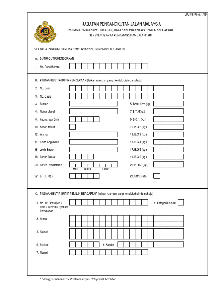 Panduan Isi Borang JPJ K8 | PDF