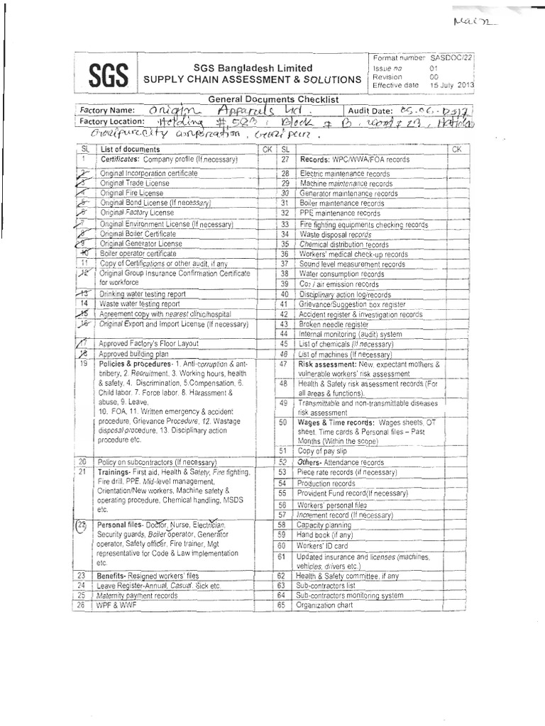 SEDEX SGS Document Check List | PDF