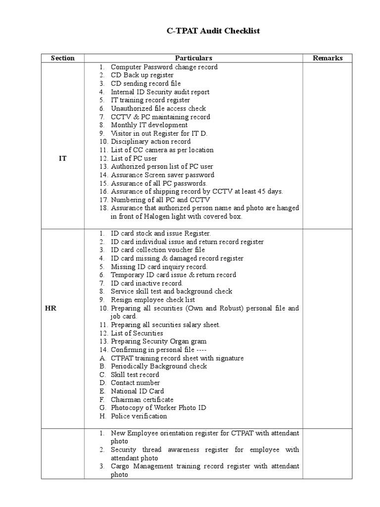C-TPAT Audit Checklist Guide | PDF | Penjaga Keamanan | Dokumen Identitas