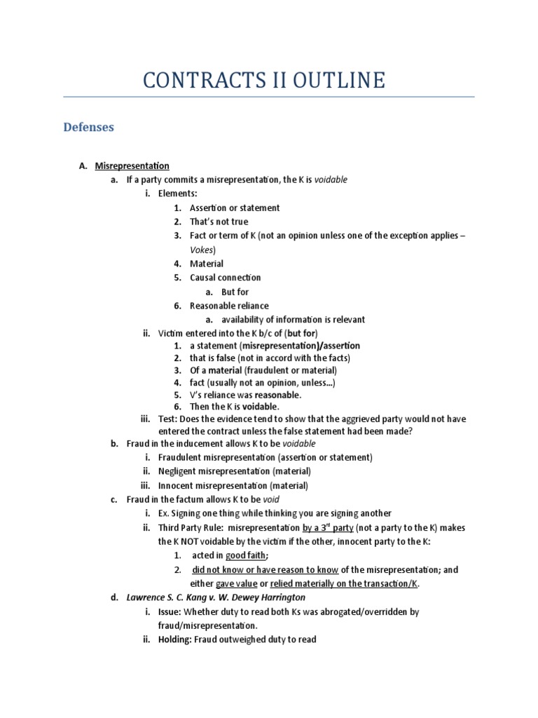 Contracts Ii Outline Pdf Breach Of Contract Misrepresentation