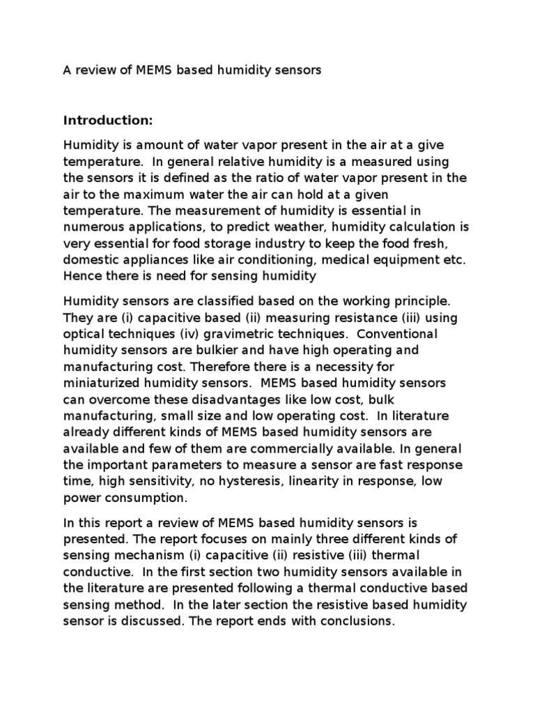 A Review Of Mems Based Humidity Sensors Pdf Humidity Sensor
