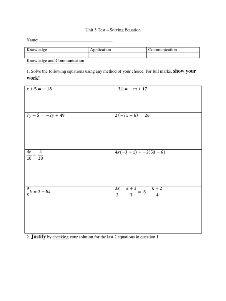 Grade 9 Equations Test and Solutions | PDF