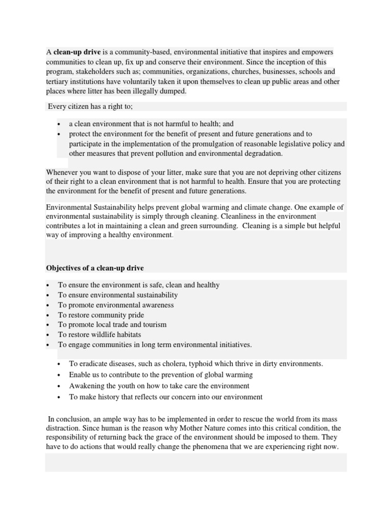 Objectives of A Clean-Up Drive | PDF