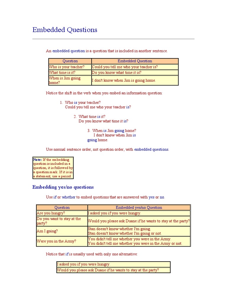 Embedded Questions: Embedded Question Embedded Question | PDF | Question | Language Mechanics
