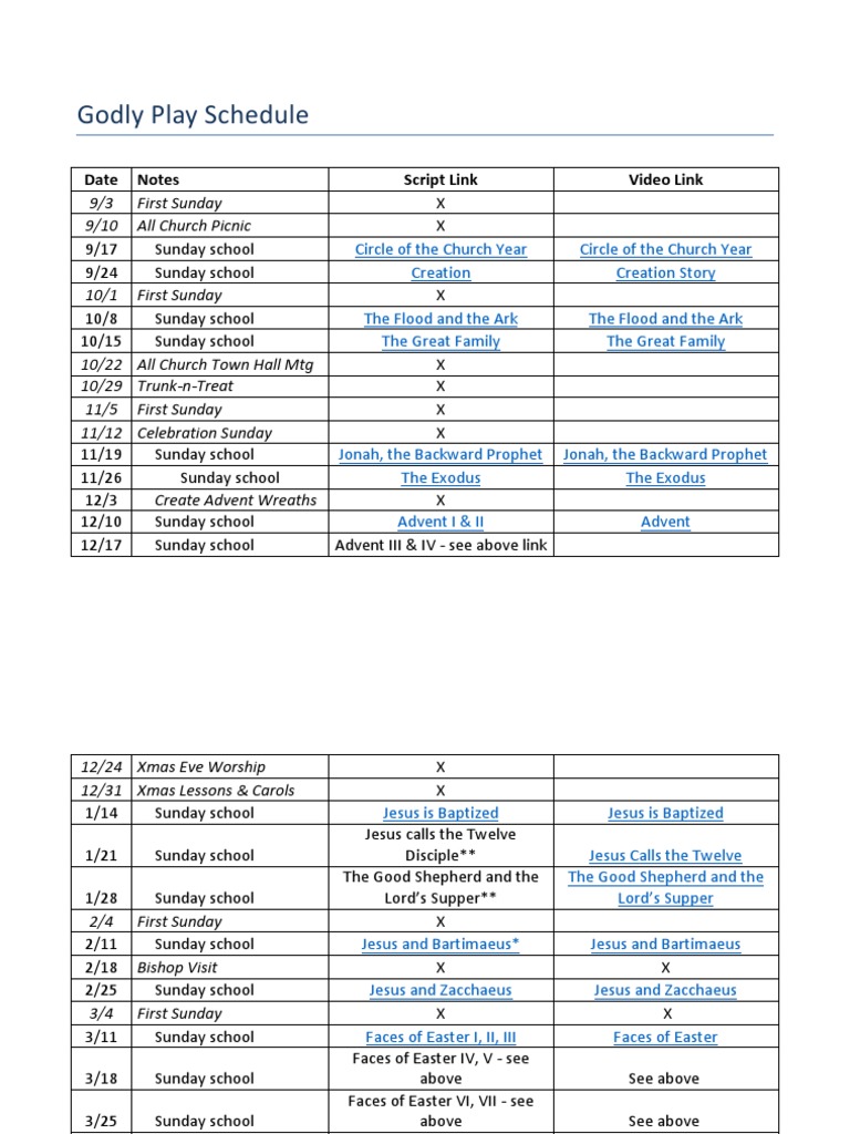Godly Play Schedule 201718 | PDF | Liturgical Year | Easter