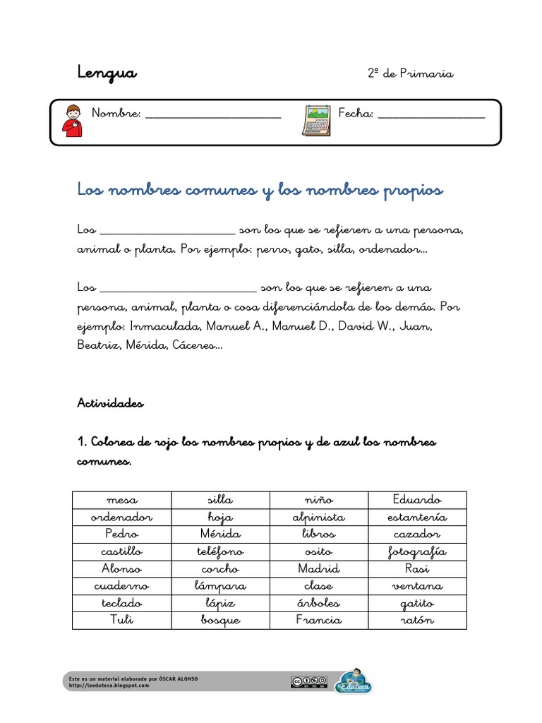 Nombres Comunes y Propios en 2º Primaria | PDF | Sustantivo