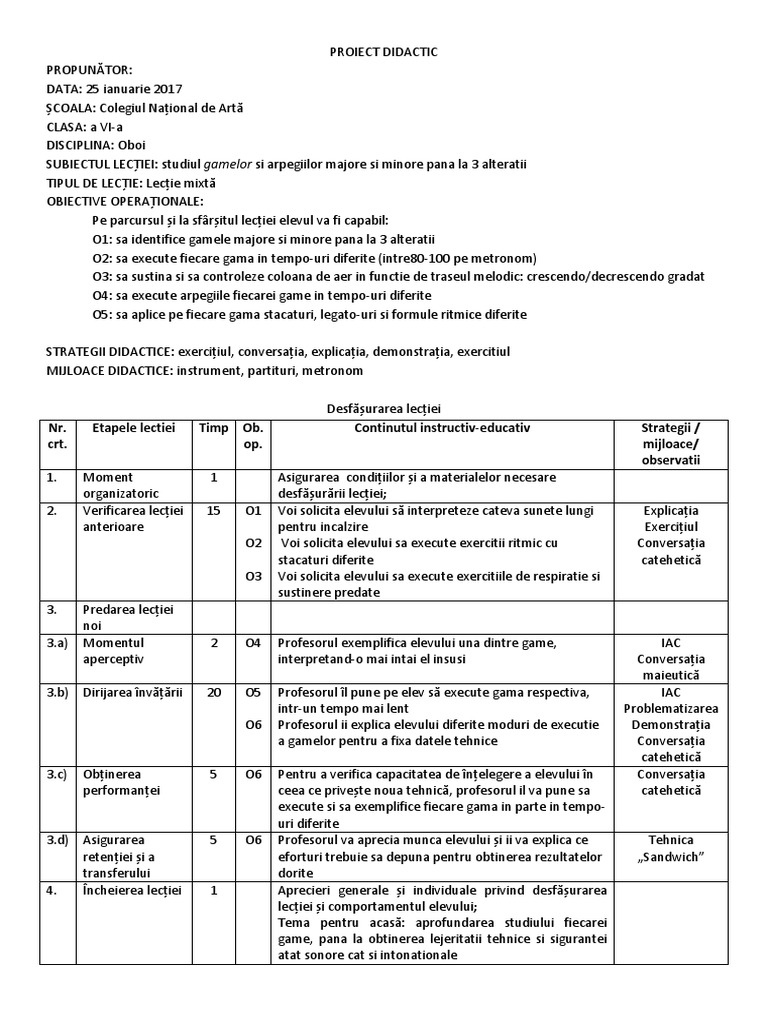 Proiect Didactic Lectie Pian | PDF
