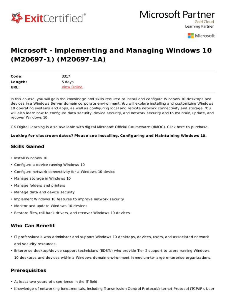 Implementing And Managing Windows 10 M20697 1 Download Free Pdf