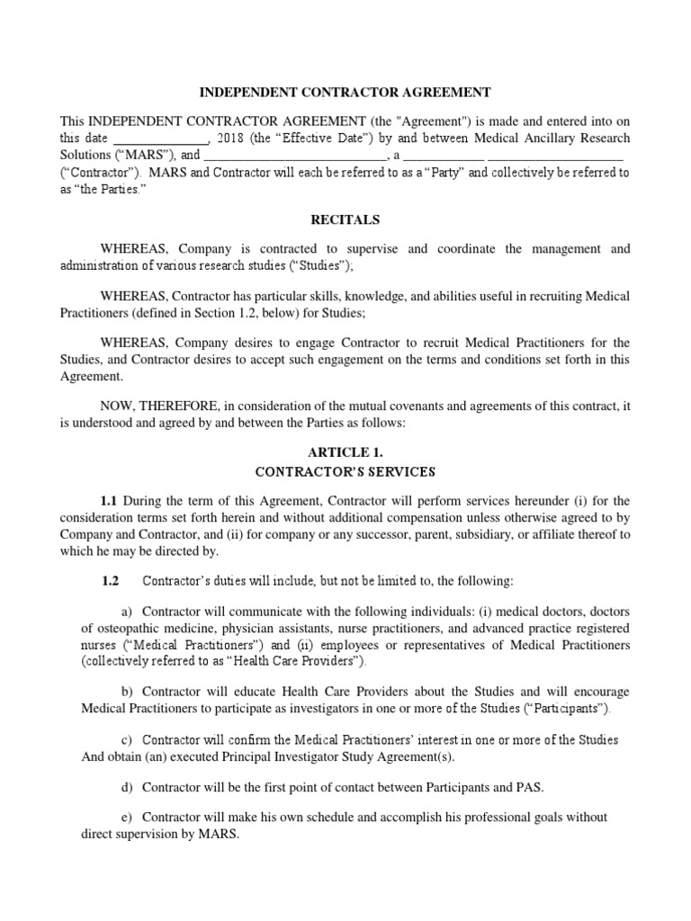 Medical Ancillary Research Solutions Independent Contractor Agreement ...