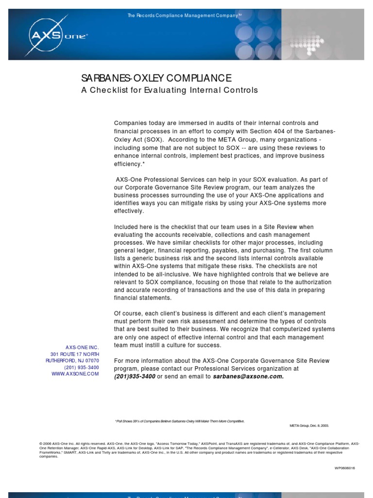 SOX Internal Controls Checklist | Internal Control | Sarbanes–Oxley Act