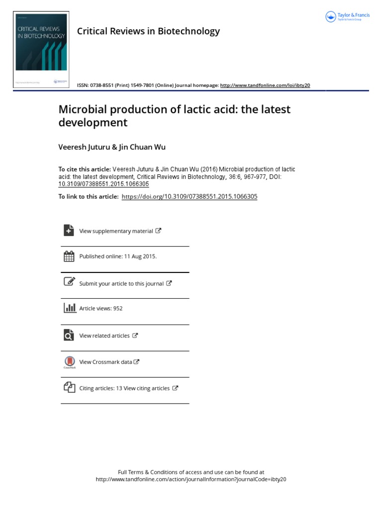 Microbial Production of Lactic Acid - The Latest Development | PDF ...