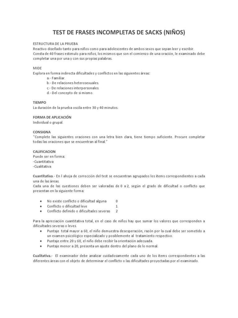 Test de Frases Incompletas Sacks Niños | PDF | Sicología