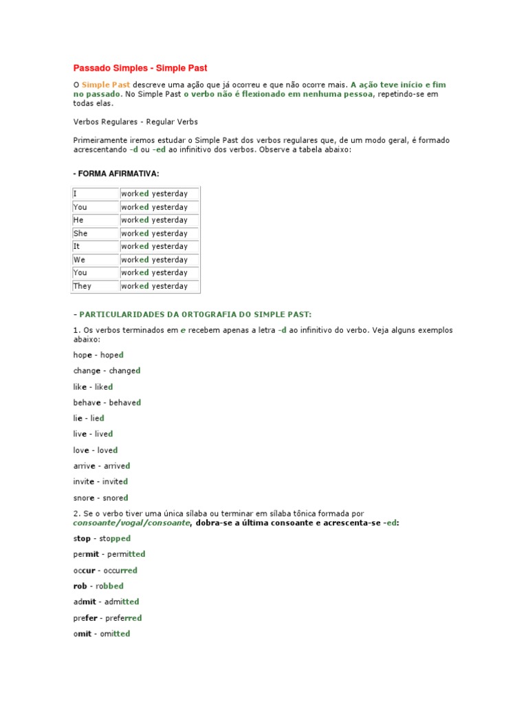 Passado Simples - Simple Past | Assunto (Gramática) | Filologia