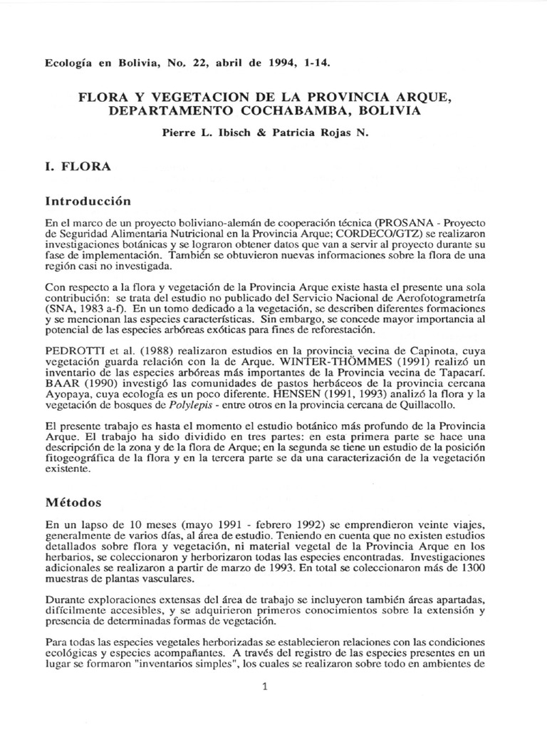 Flora y Vegetacion de La Provincia Arque, Departamento Cochabamba ...
