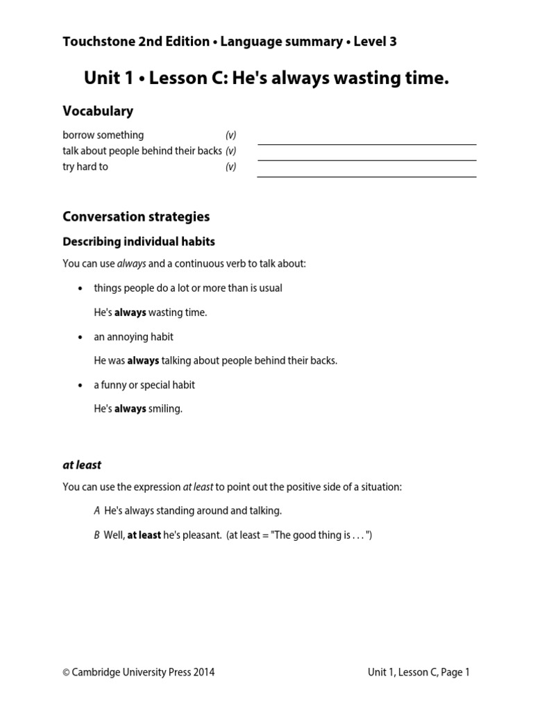 Unit 1 - Lesson C: He's Always Wasting Time.: Touchstone 2nd Edition - Language Summary - Level ...