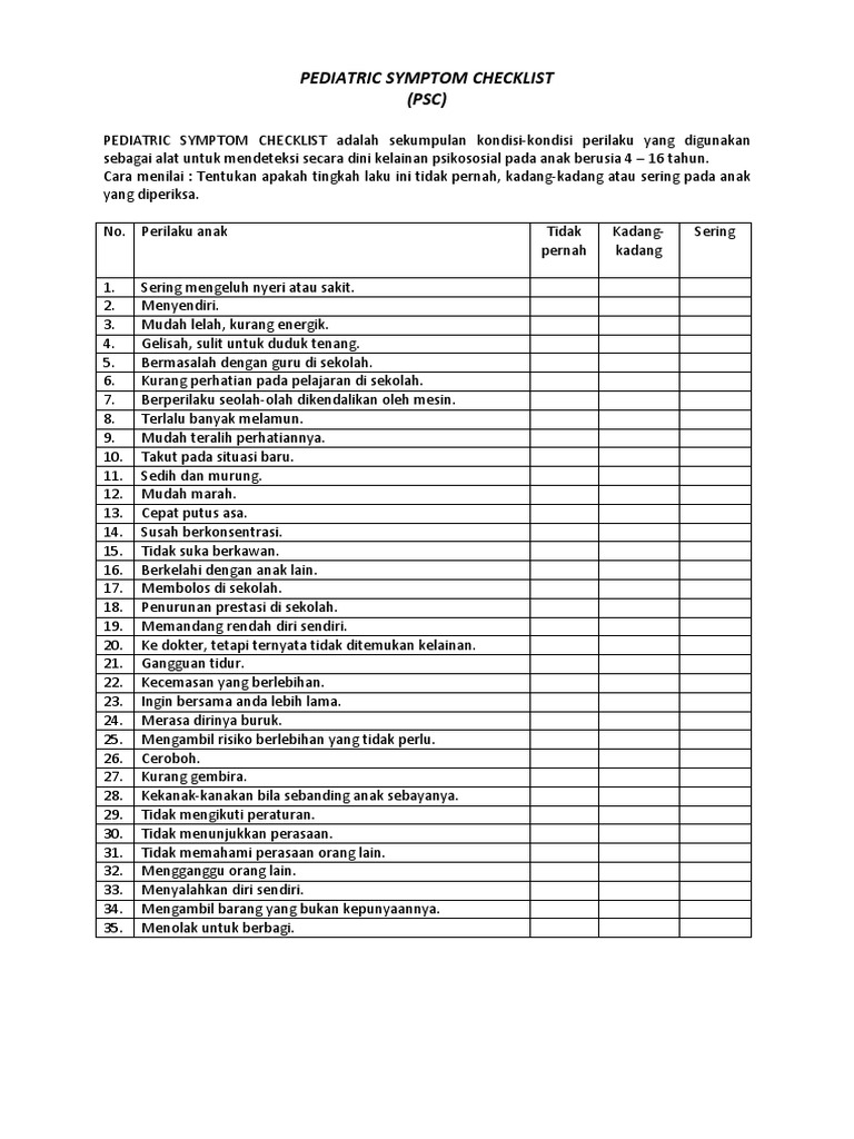 Pediatric Symptom Checklist 1 | PDF