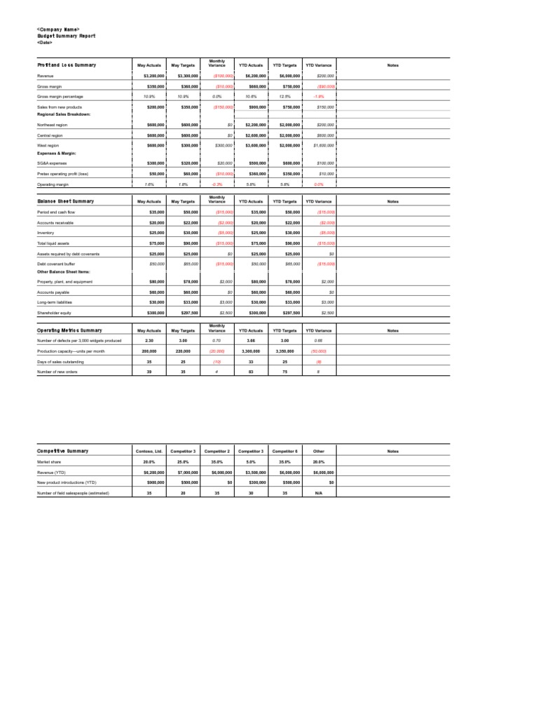 Budget Summary Report | PDF | Gross Margin | Balance Sheet